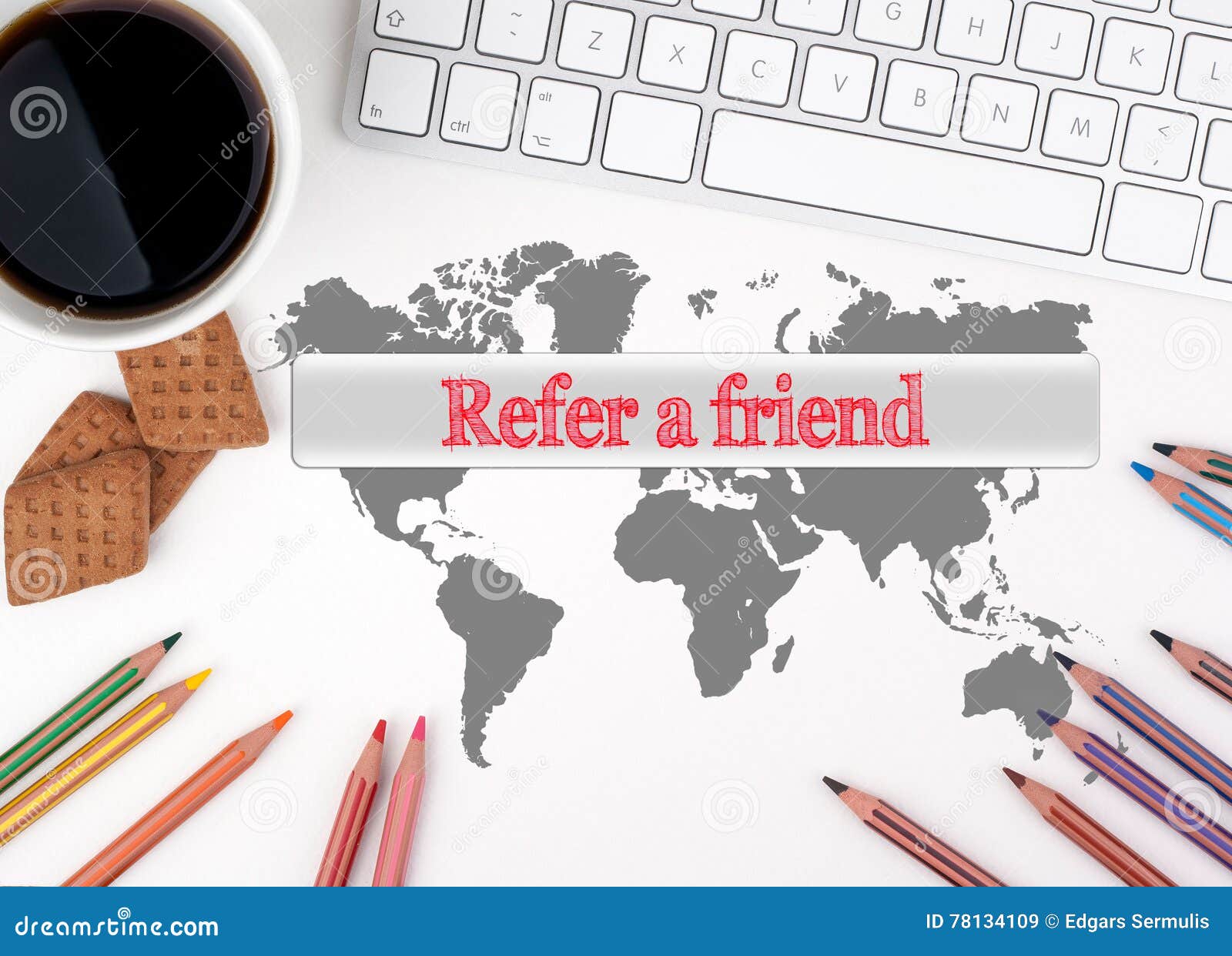 Refer a Friend. White Office Desk with a Cup of Coffee, Biscuits Stock ...