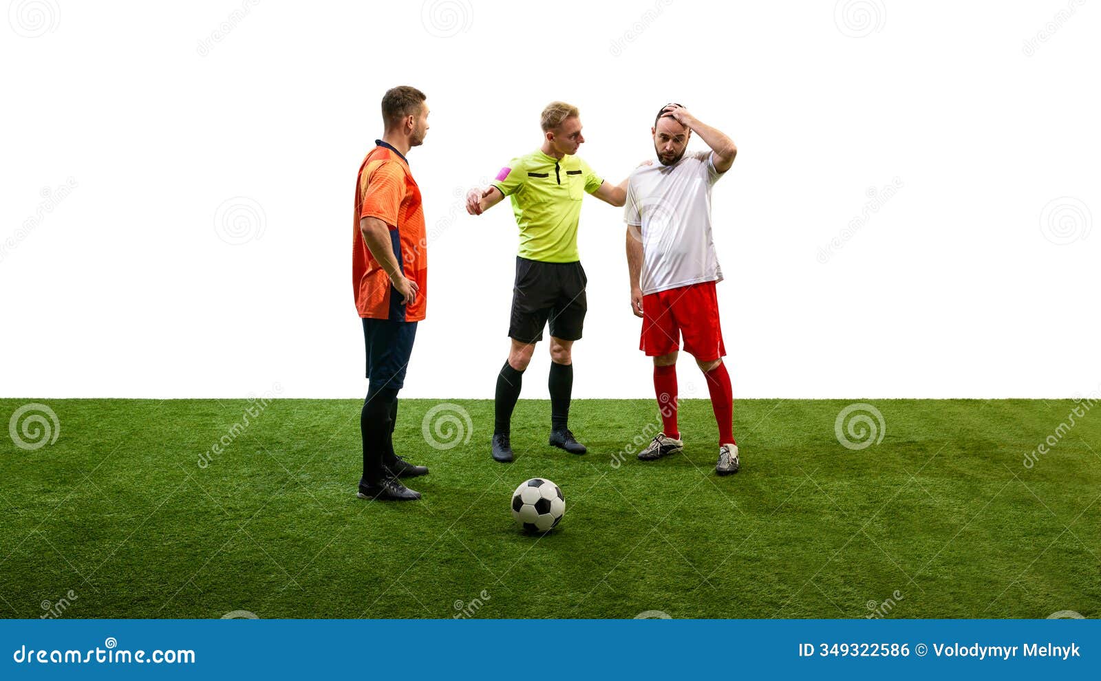 Referee Standing between Two Arguing Man, Soccer Players from Opposite ...