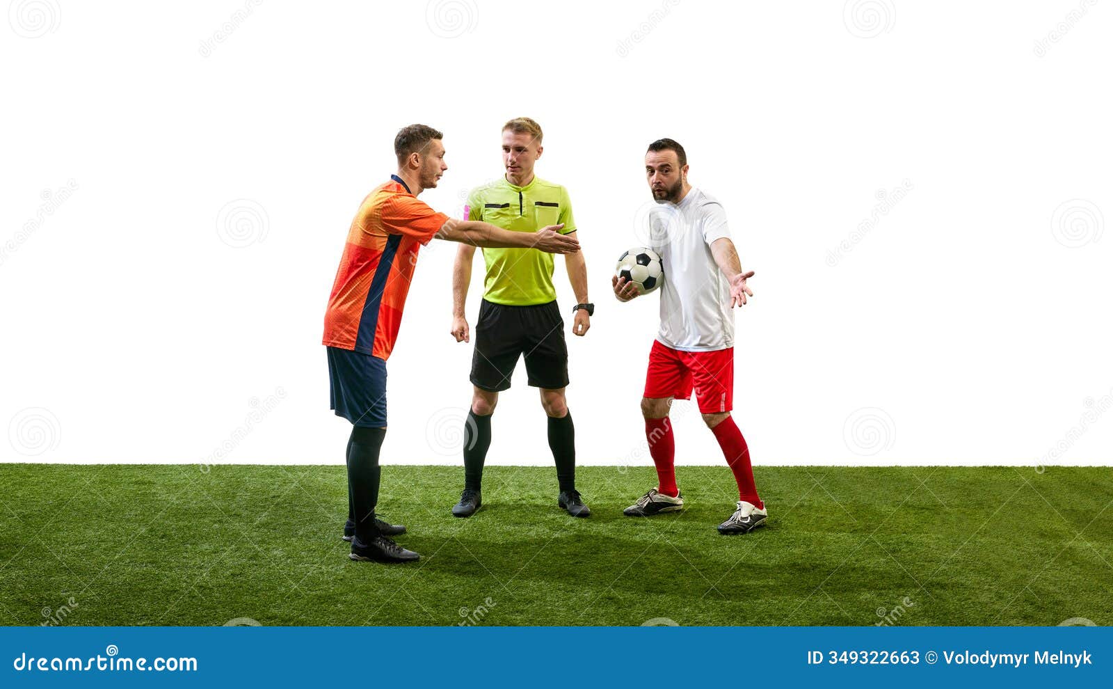 Referee Standing between Two Arguing Man, Soccer Players from Opposite ...