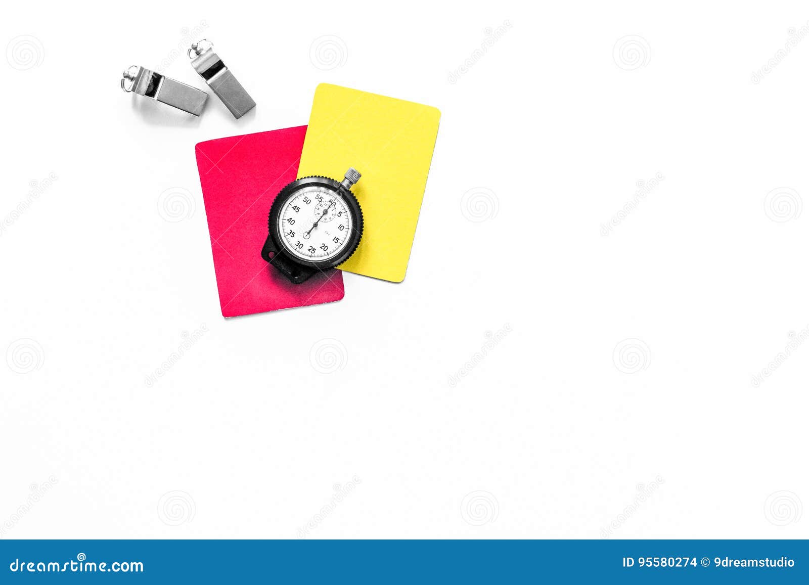 Referee Tools. Yellow and Red Cards, Stopwatch, Whistle on White ...