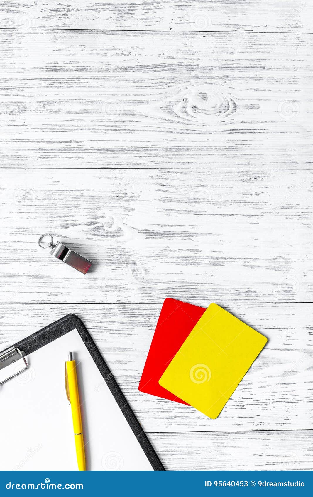 Referee Tools. Yellow and Red Cards, Whistle, Pad on Wooden Background ...