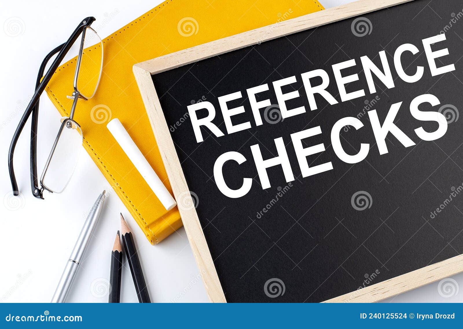 REFERENCE CHECKS Text on the Blackboard with Notepad , Pen, Pencil ...