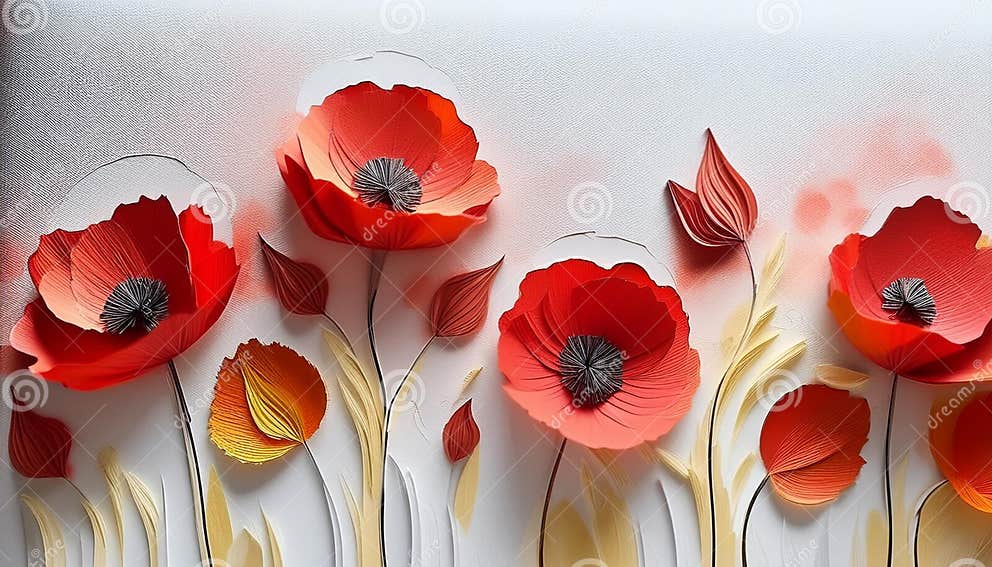 3D Poppy Field on Textured Relief Paper Stock Illustration ...