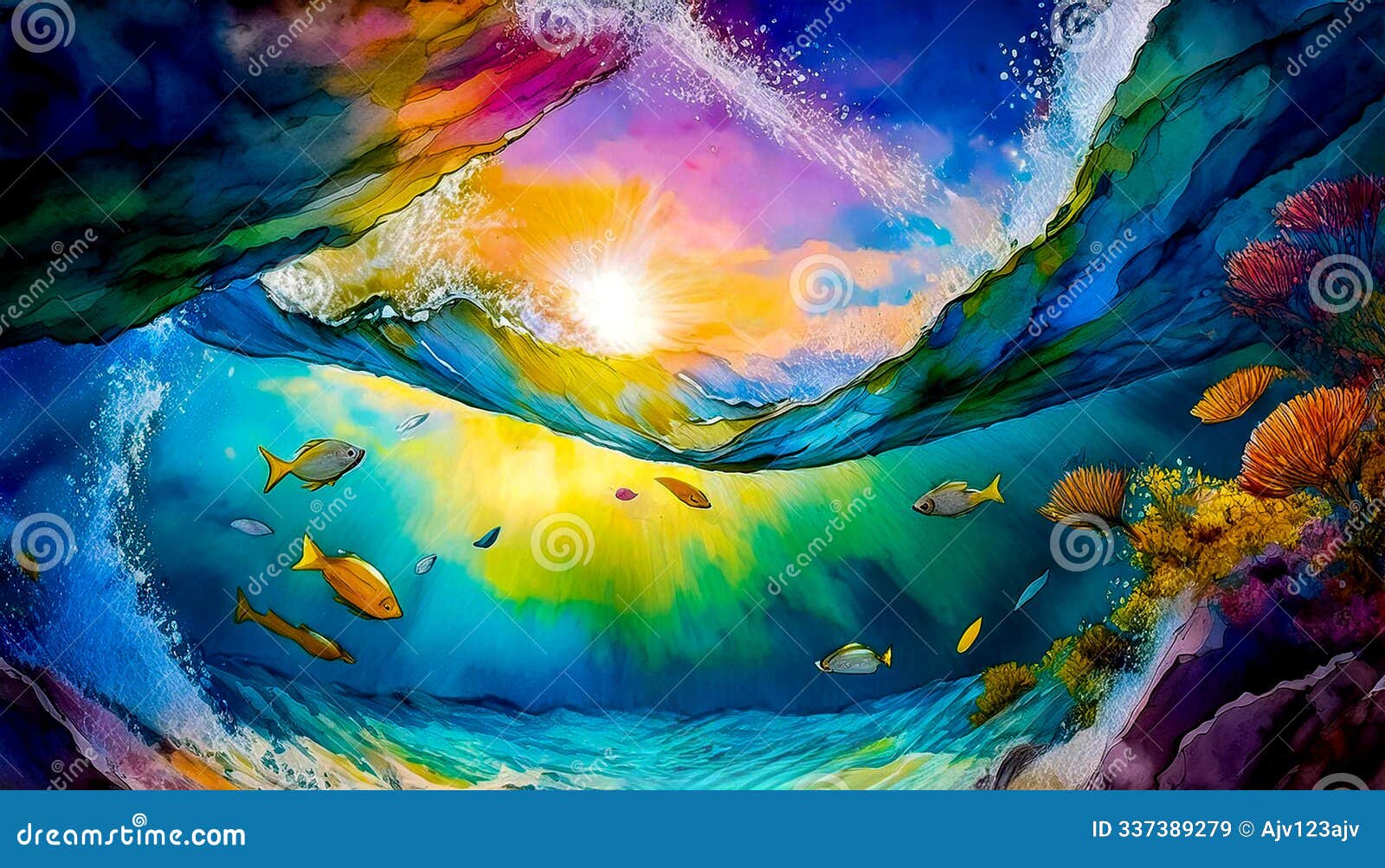 A Image Showing Marine Life on a Coral Reef with Sea Waves and Sunshine ...