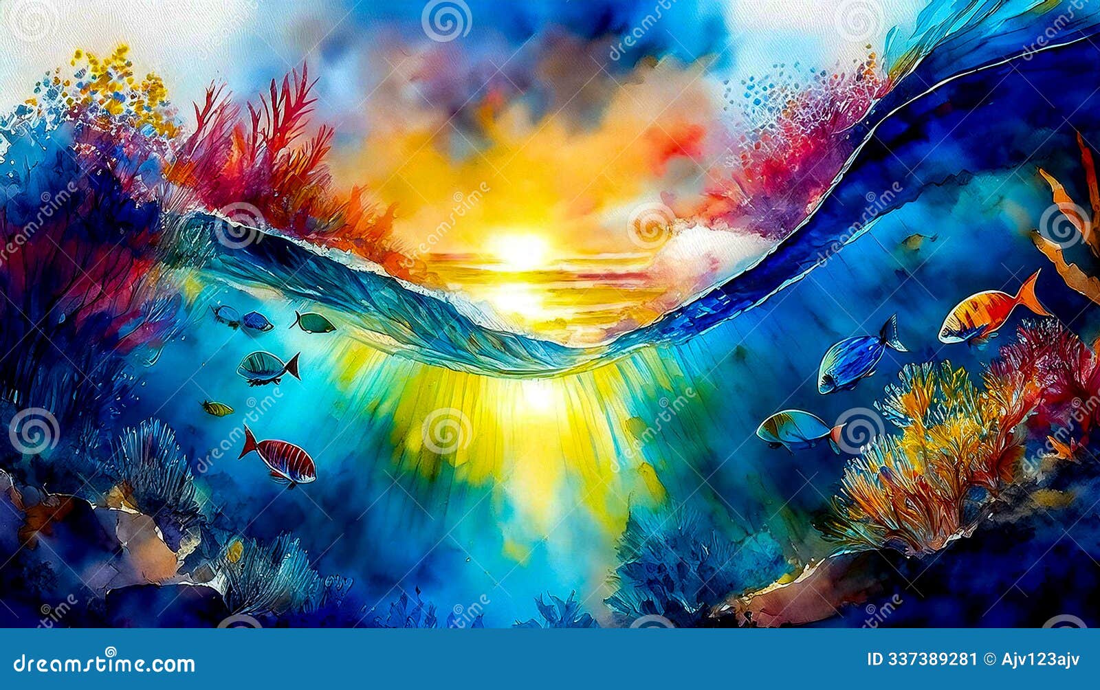A Image Showing Marine Life on a Coral Reef with Sea Waves and Sunshine ...