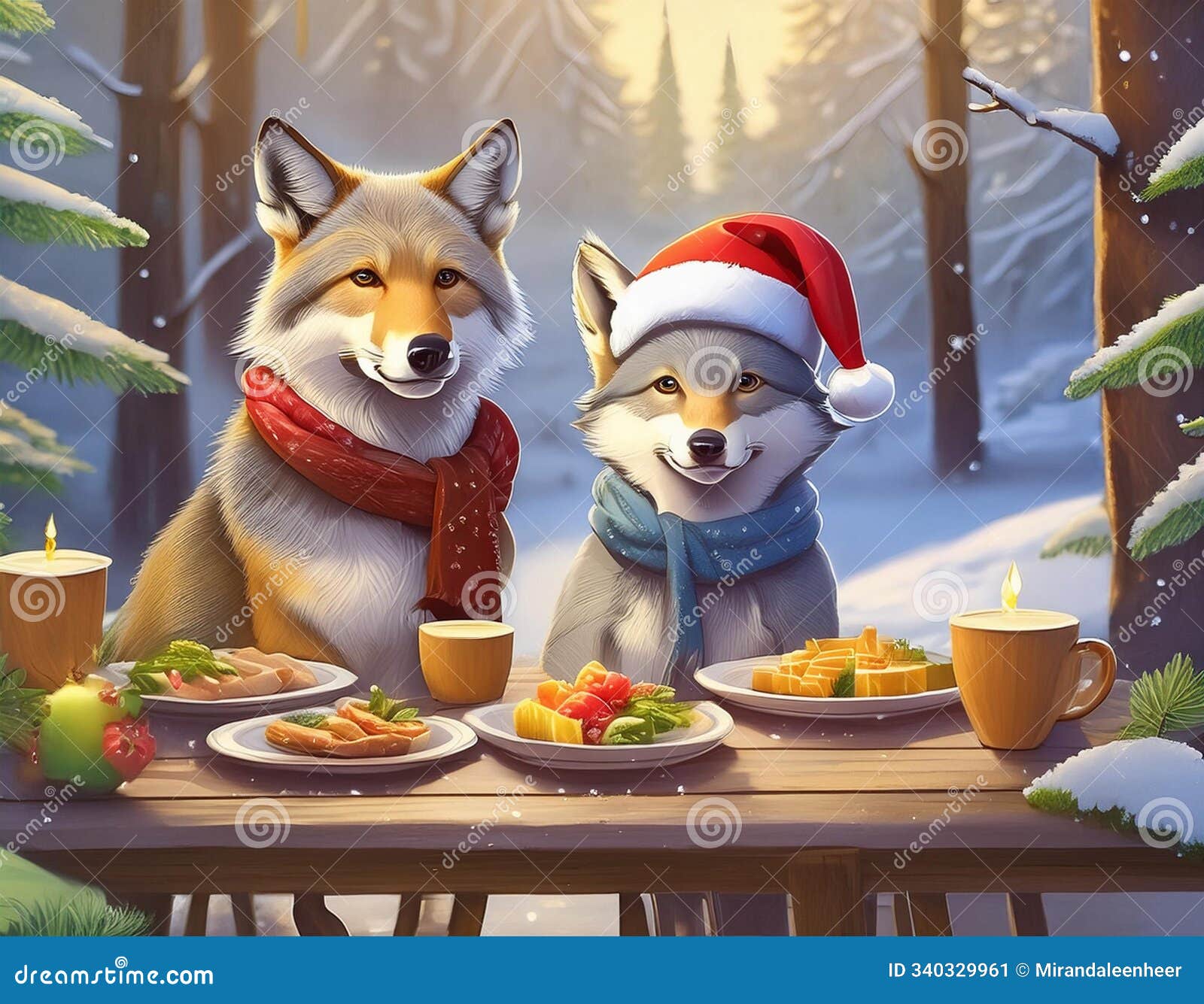 Christmas Diner Wolf and Fox Cartoon Stock Image - Image of animals ...