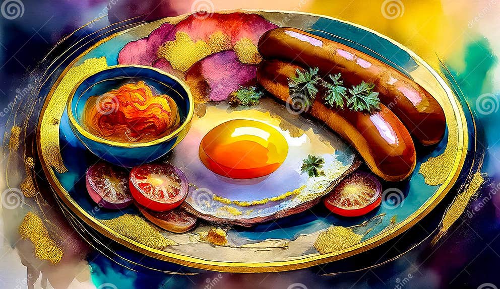 An Sketch Drawing Showing a Plate of English Breakfast Food Stock ...