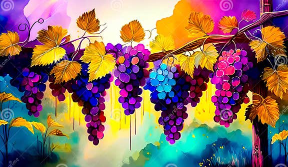An Artistic Concept Sketch of a Landscape with Bunches of Ripe Grapes ...