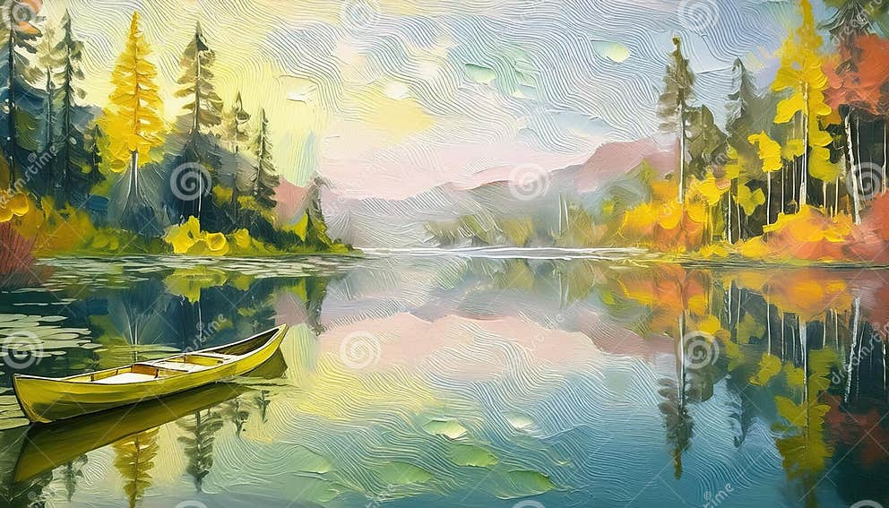 A Crystal-Clear Lake Reflecting Tall Pines with a Wooden Pier and Canoe ...