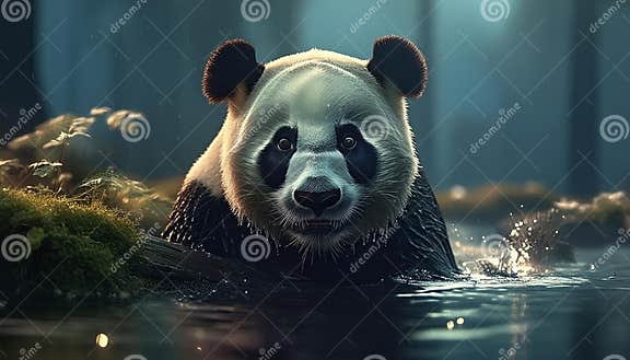 Panda in water cartoon stock illustration. Illustration of lake - 343642830