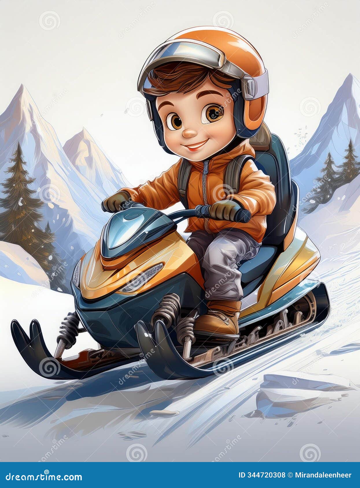 Child on Snowmobile in Winter Landscape Cartoon Stock Photo - Image of ...