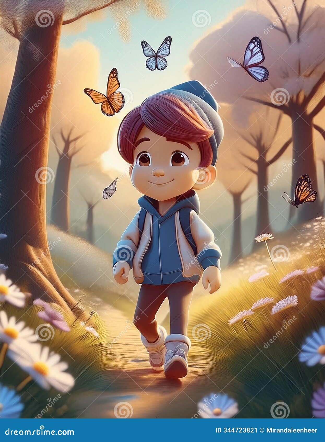 Child Hiking in Spring Forest Cartoon Stock Illustration - Illustration ...