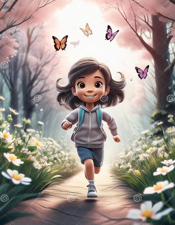 Child Hiking in Spring Forest Cartoon Stock Illustration - Illustration ...