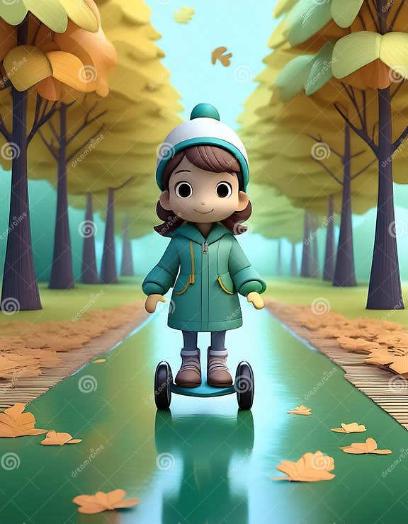 Child on Scooter in Autumn Landscape Cartoon Stock Illustration ...