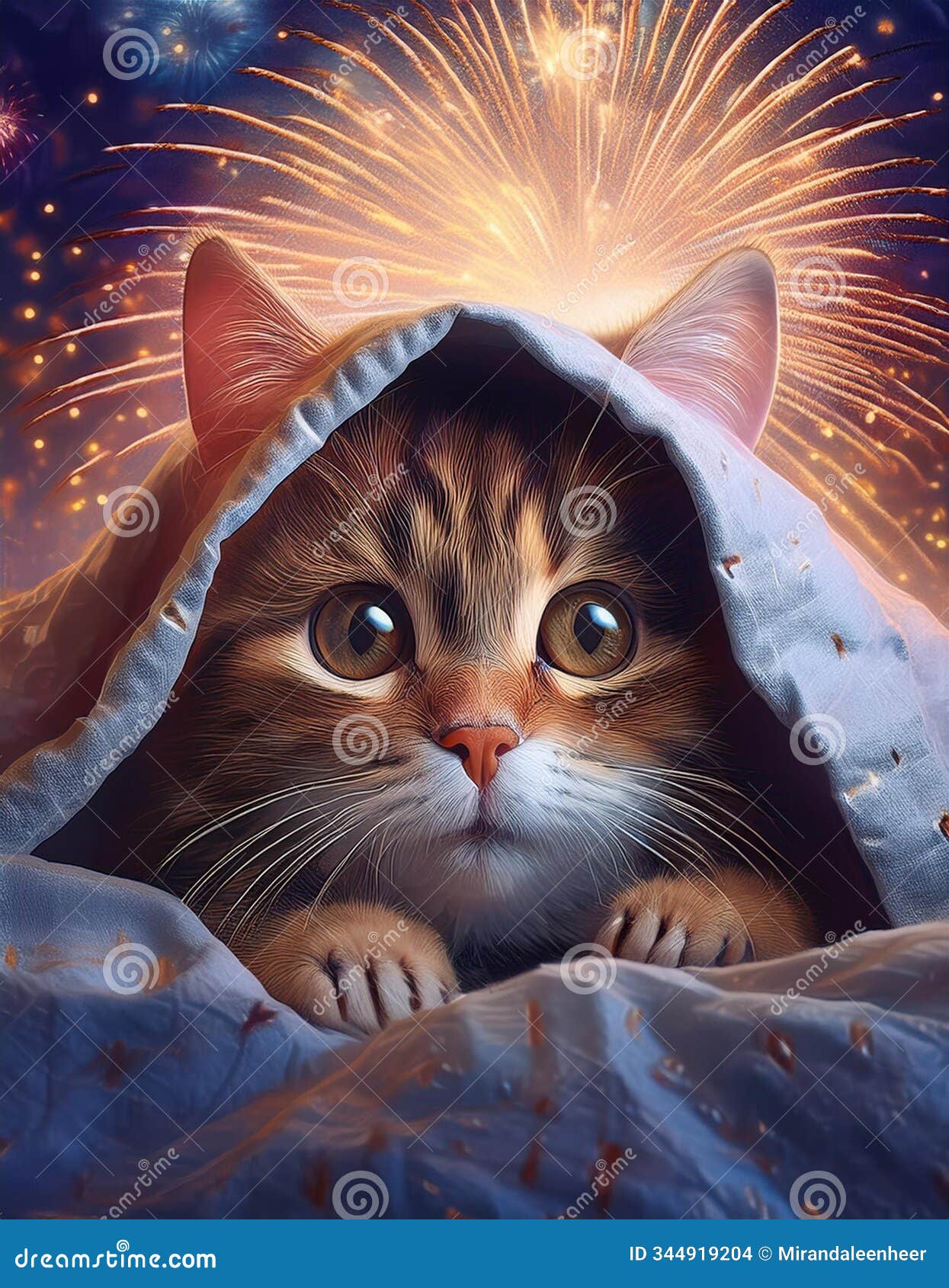 New Year Cat Scared of Fireworks Cartoon Stock Photo - Image of year ...