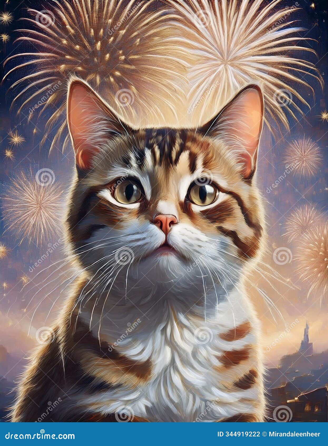 New Year Cat Scared of Fireworks Cartoon Stock Photo - Image of season ...