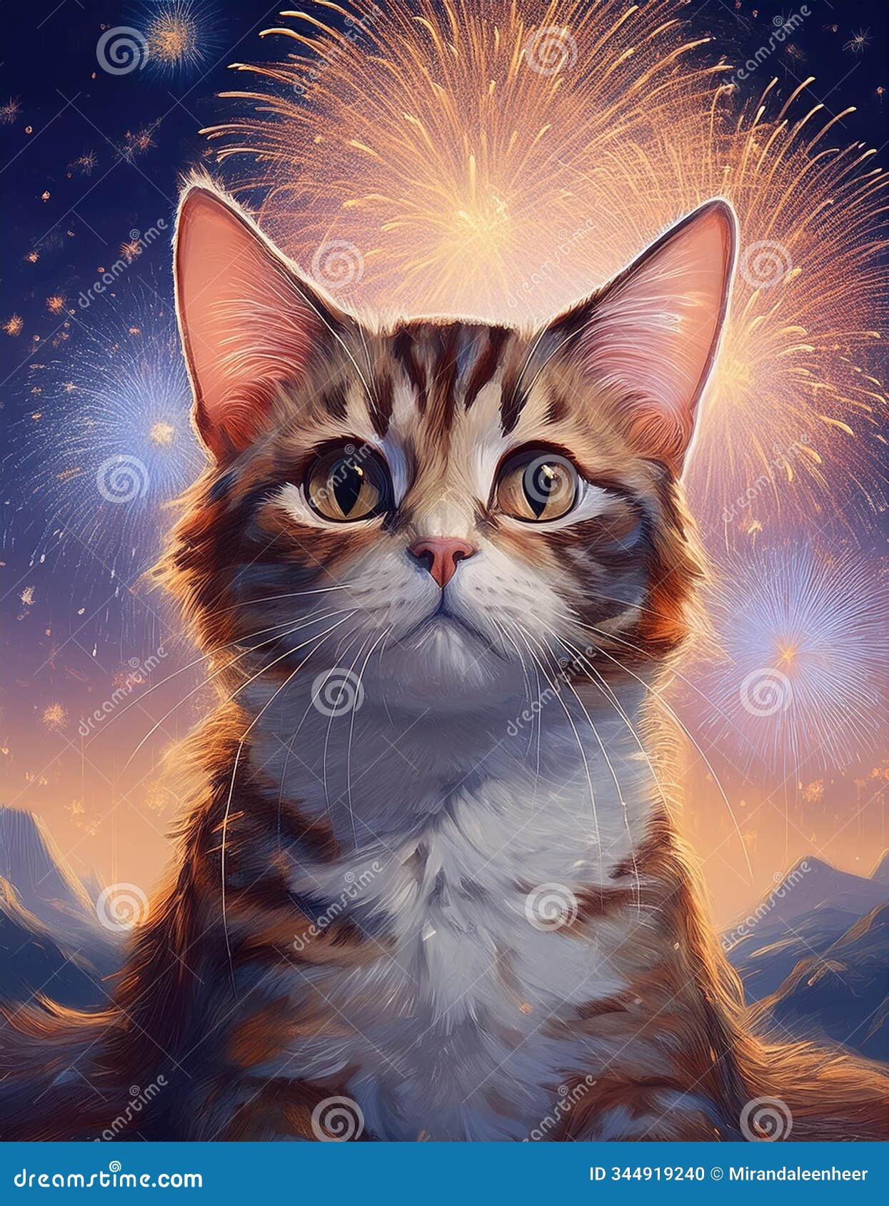New Year Cat Scared of Fireworks Cartoon Stock Photo - Image of fantasy ...