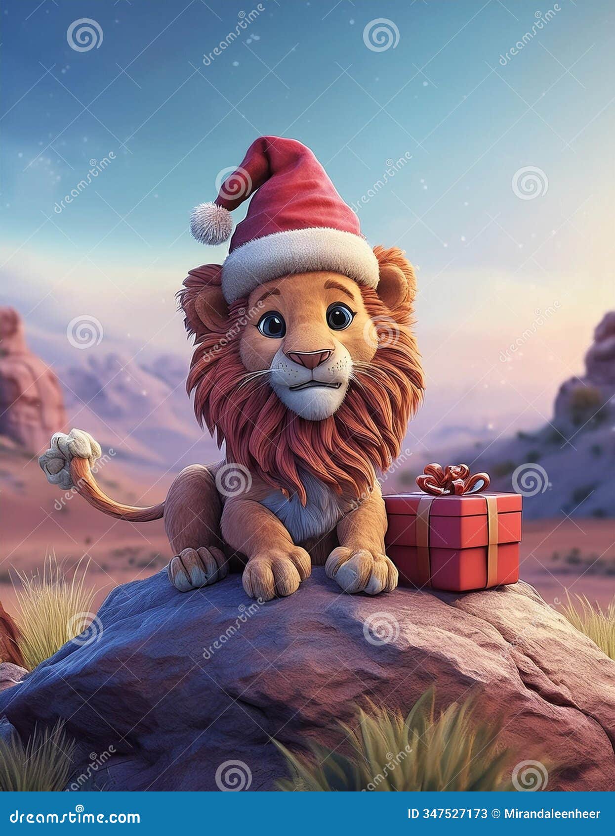 Christmas Lion with Santa Hat Cartoon Stock Illustration - Illustration ...