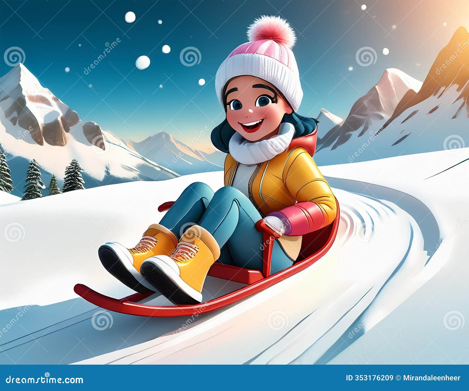 Child on Sledge in Snow Cartoon Stock Illustration - Illustration of ...