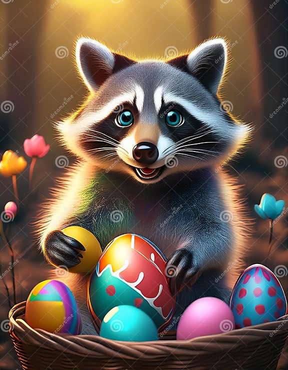 Raccoon with Easter Eggs in Basket Cartoon Stock Illustration ...