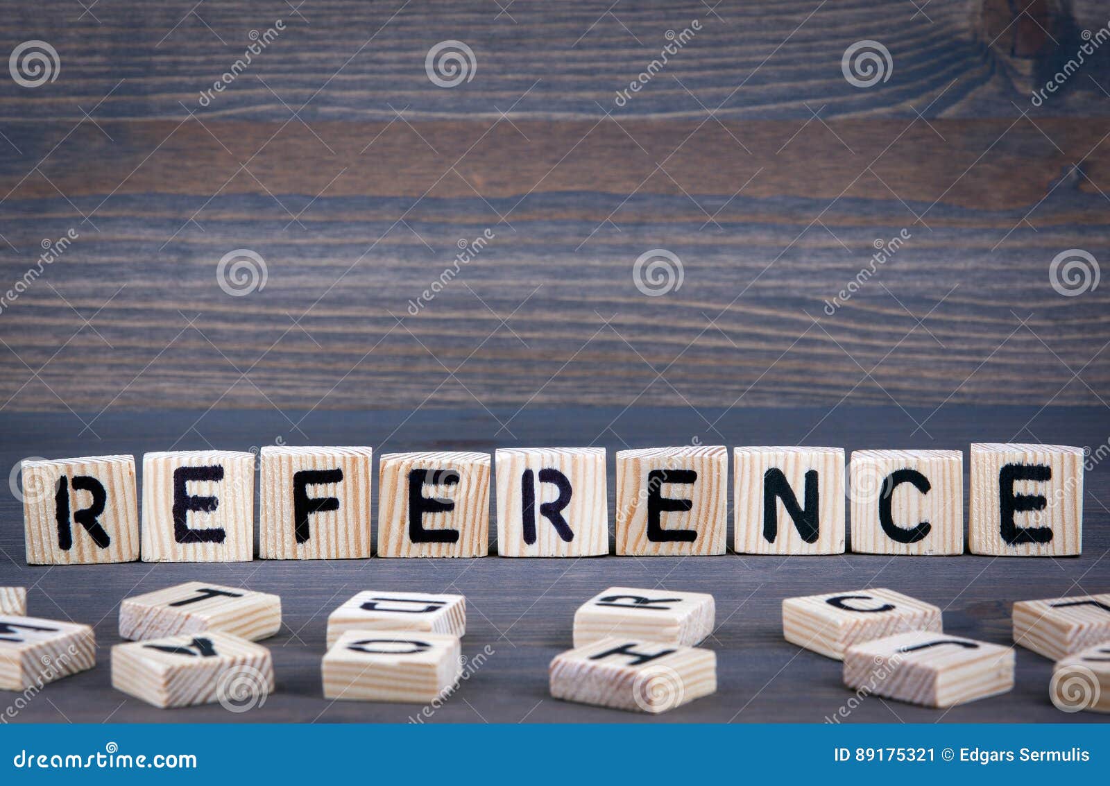 Reference Word Written on Wood Block. Dark Wood Background with Texture ...