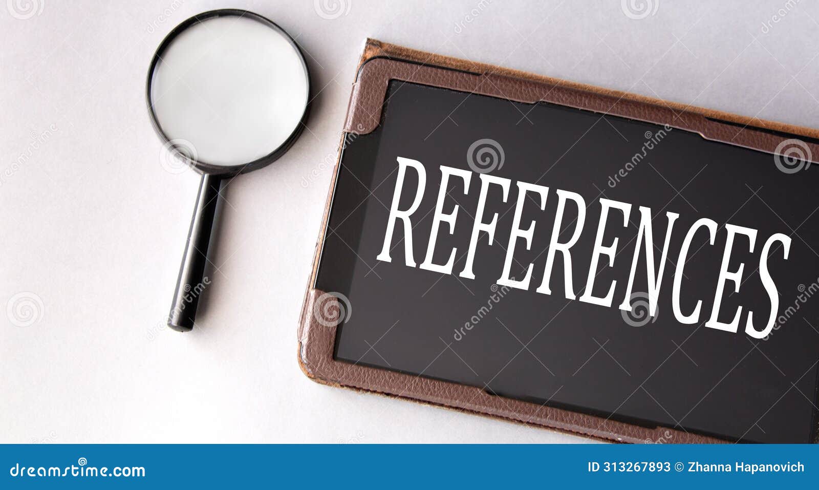 REFERENCES - Word in Electronic Notebook on White Background with ...