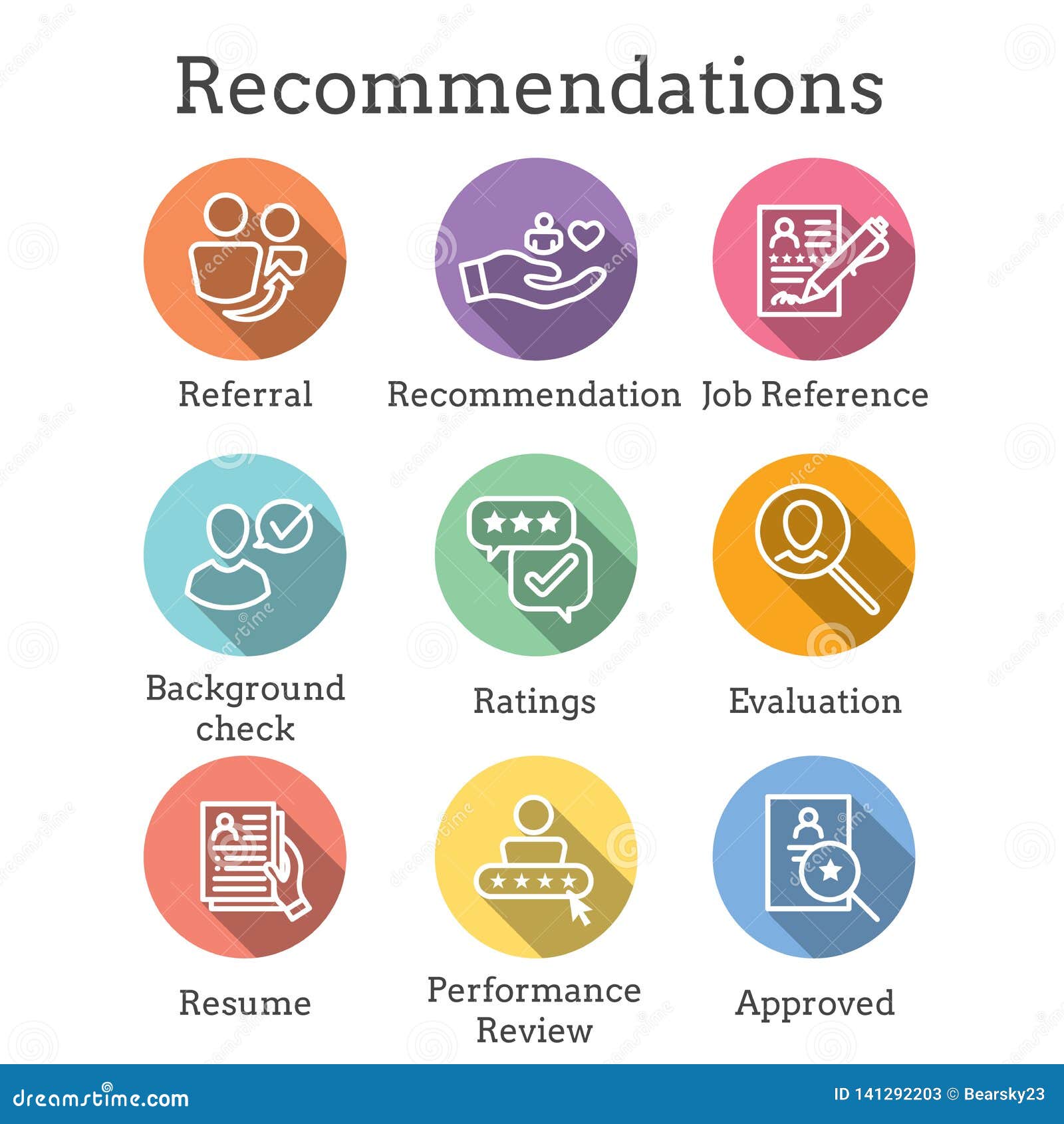 Referral Job Reference Icon Set with Recommendations, Performance ...