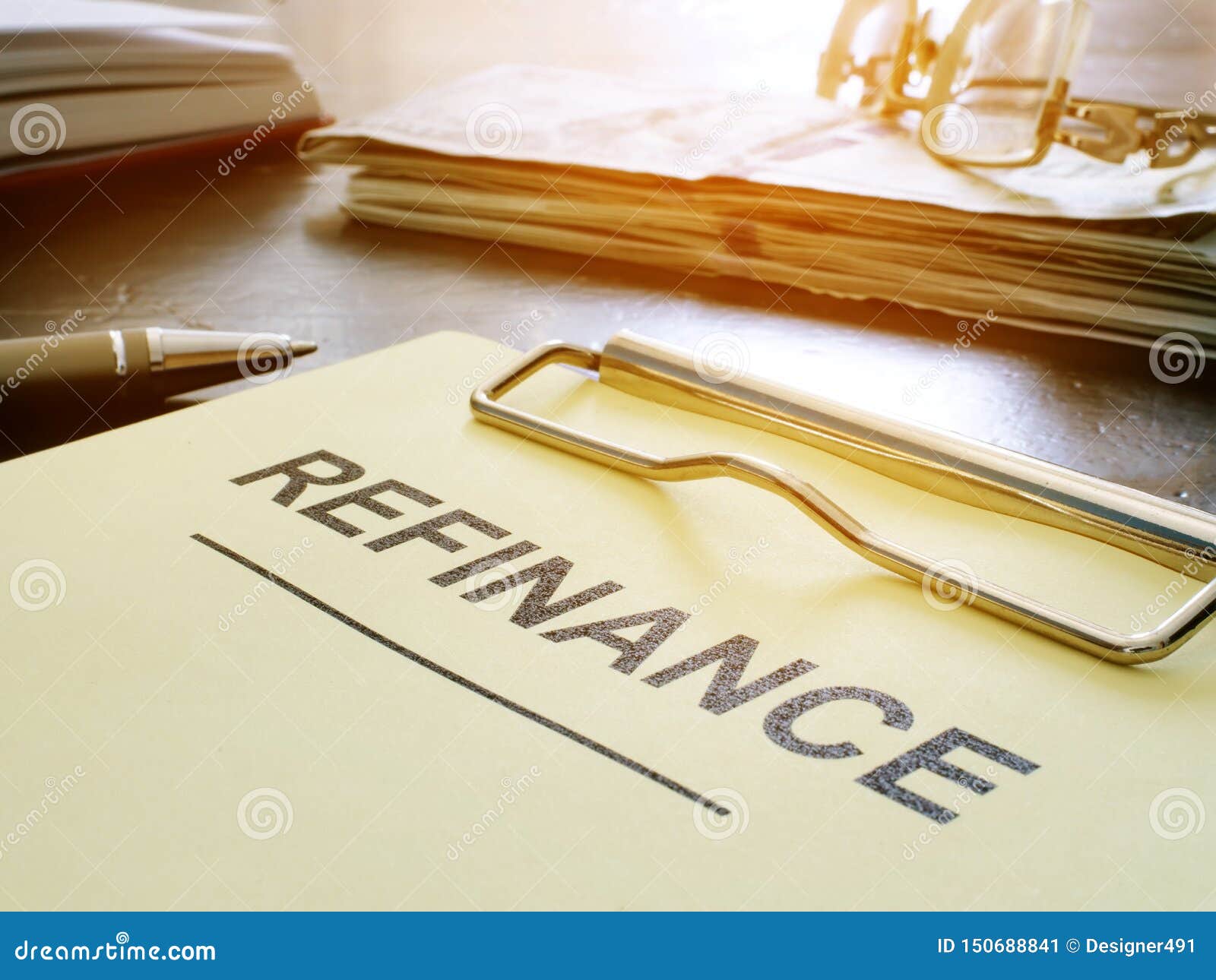 Refinance Concept. Stack of Business Documents on Table Stock Image ...