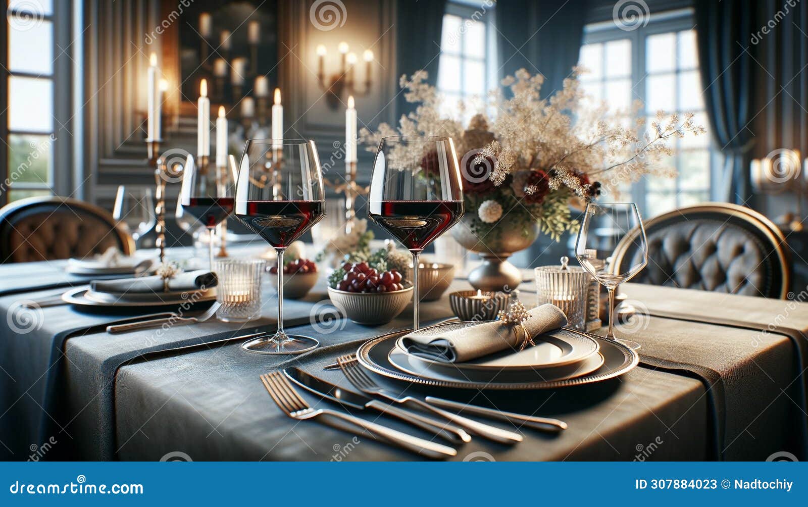 A Refined Dinner Setting with Two Glasses of Red Wine, Set on a Table ...