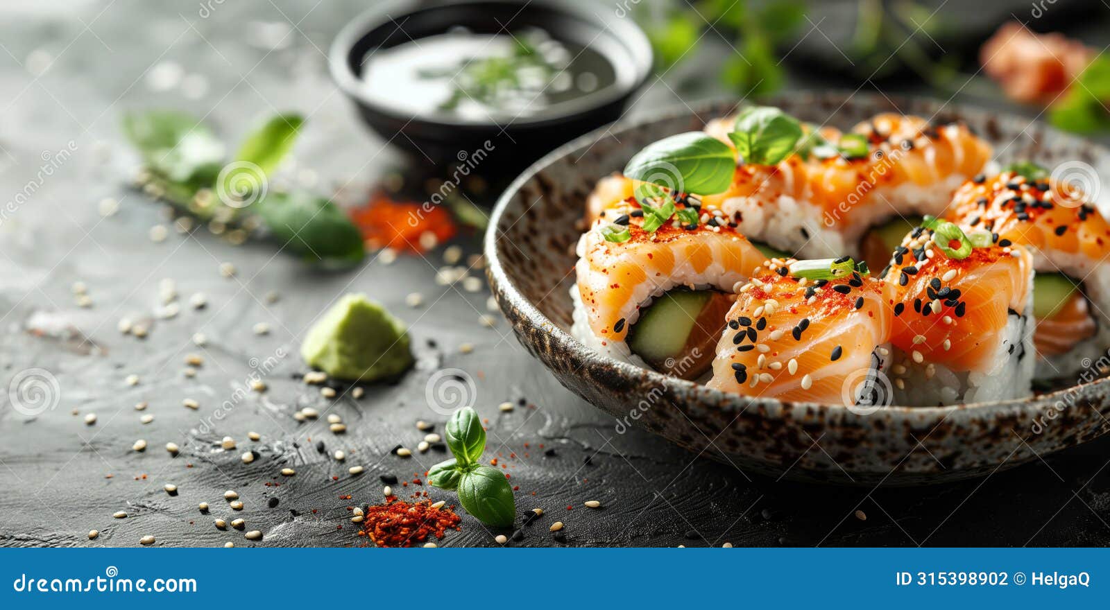 Refined Sushi Presentation with Salmon and Roe for Sophisticated ...