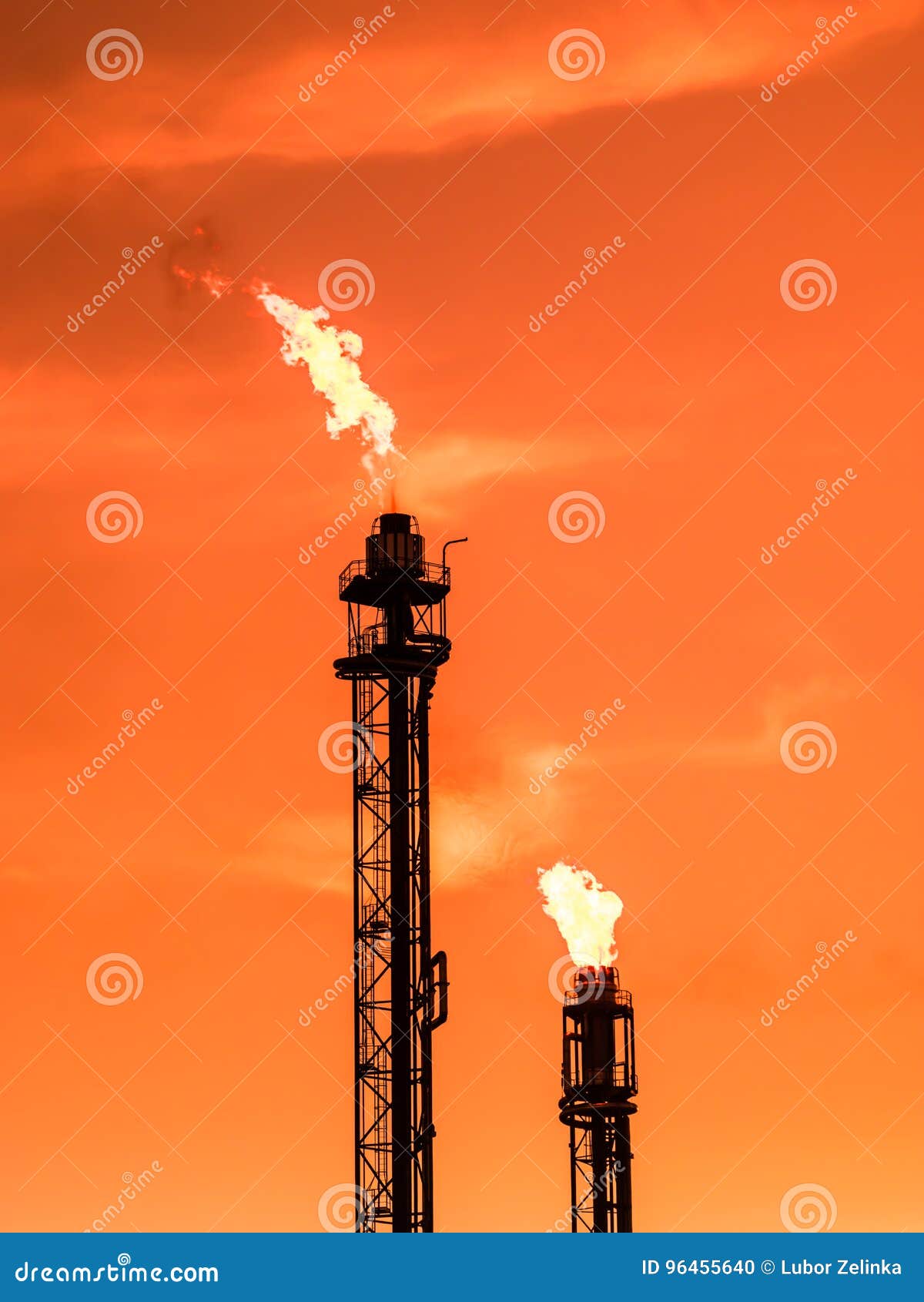Refinery Chimney with Fire at Orange Sunset Stock Photo - Image of ...