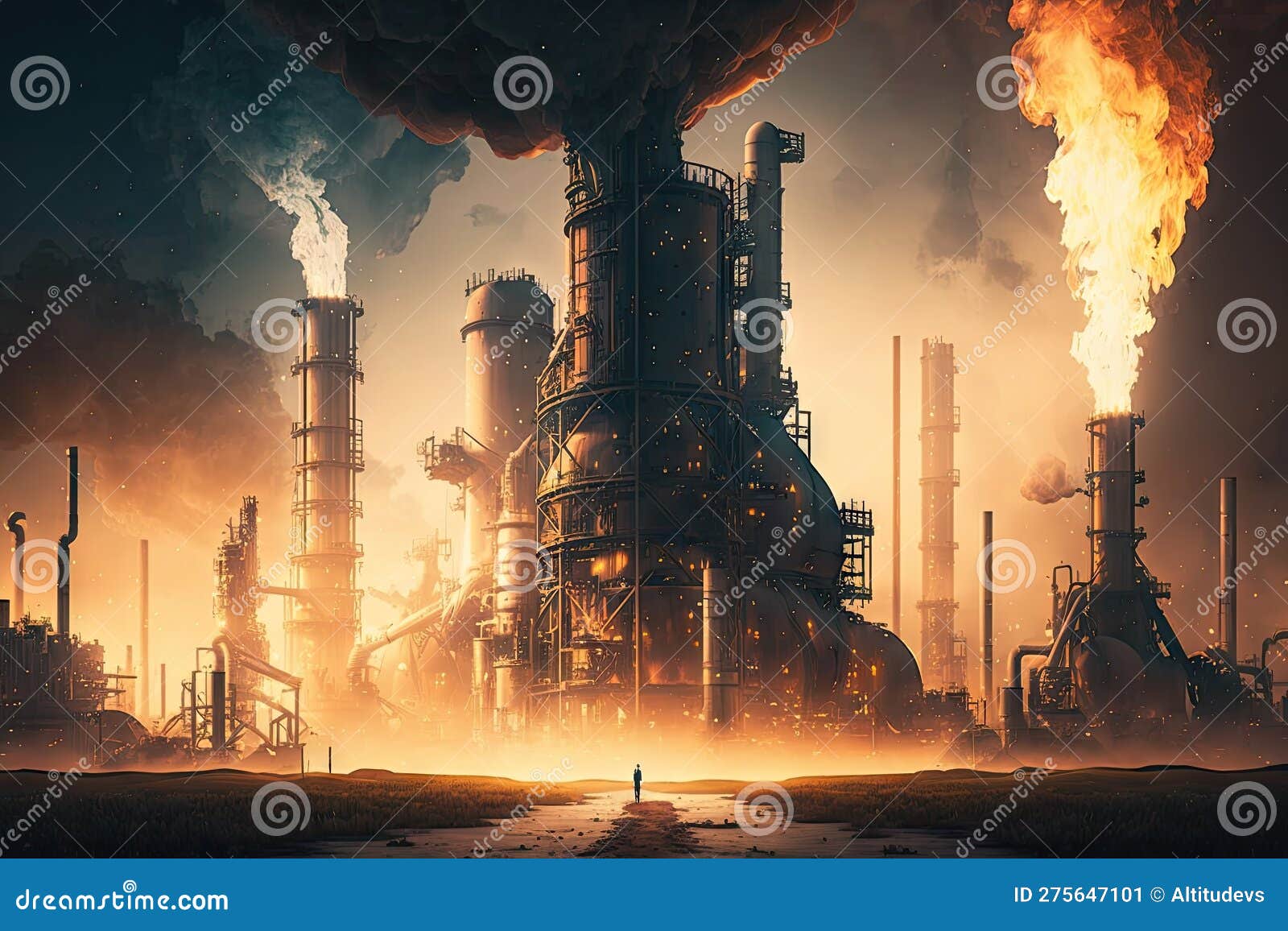 Refinery with Flames and Smoke in the Background, Creating Powerful ... Refinery with Flames and Smoke in the Background, Creating Powerful ...