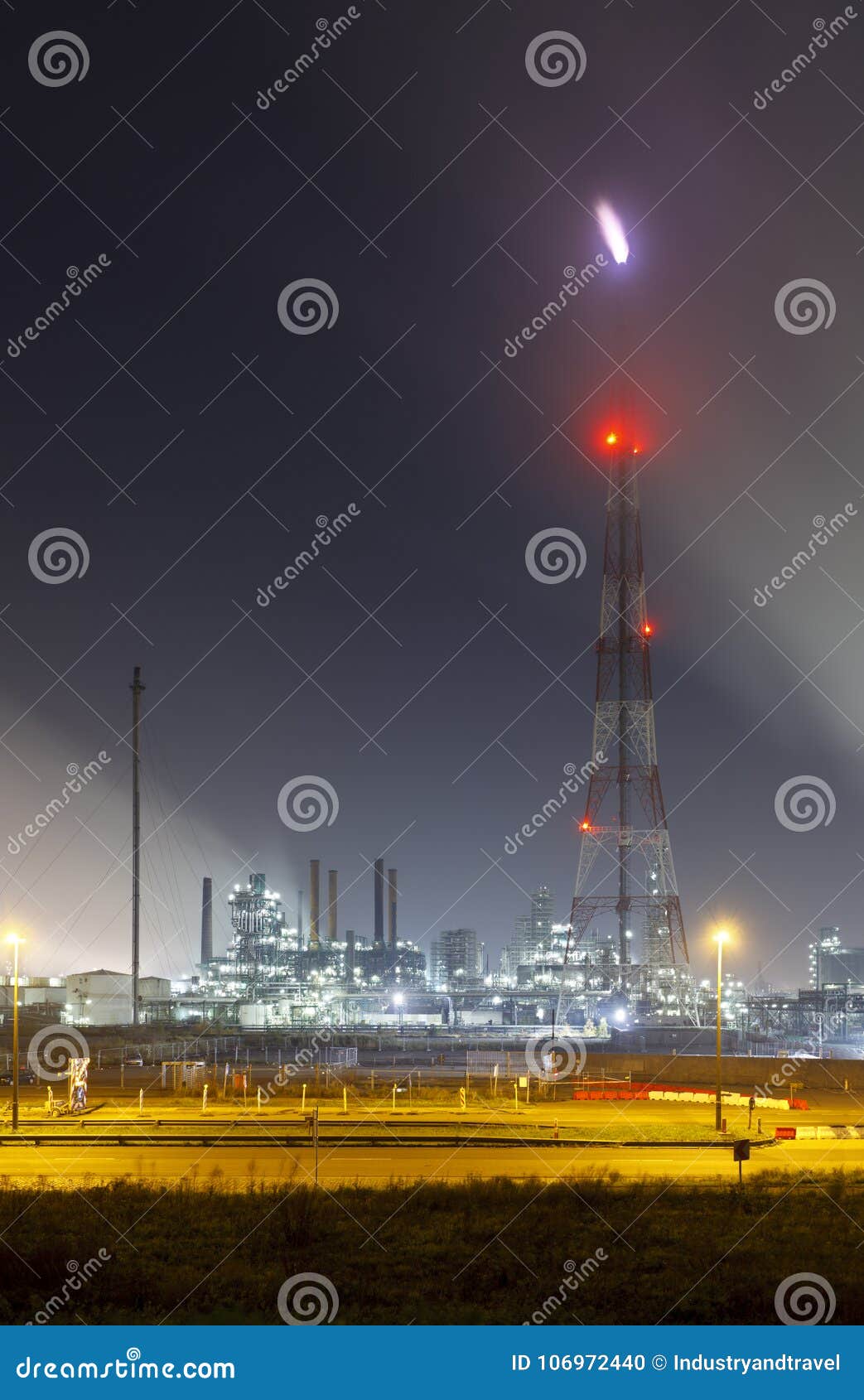 Refinery with Flare at Night Stock Photo - Image of building ...