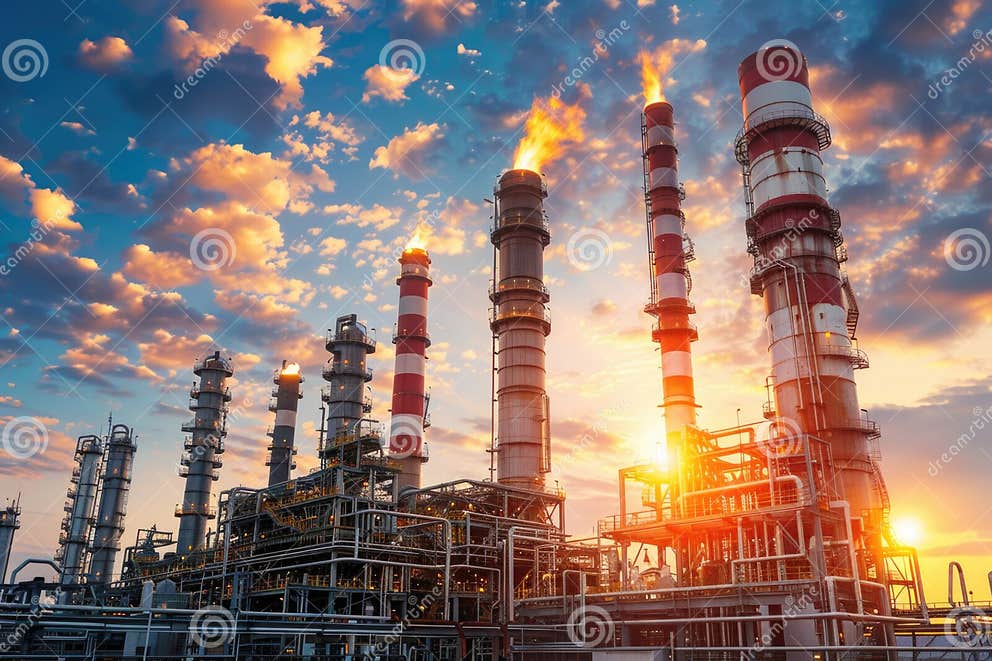 A Refinery Skyline with Tall Smokestacks, Backlit by the Setting Sun ...