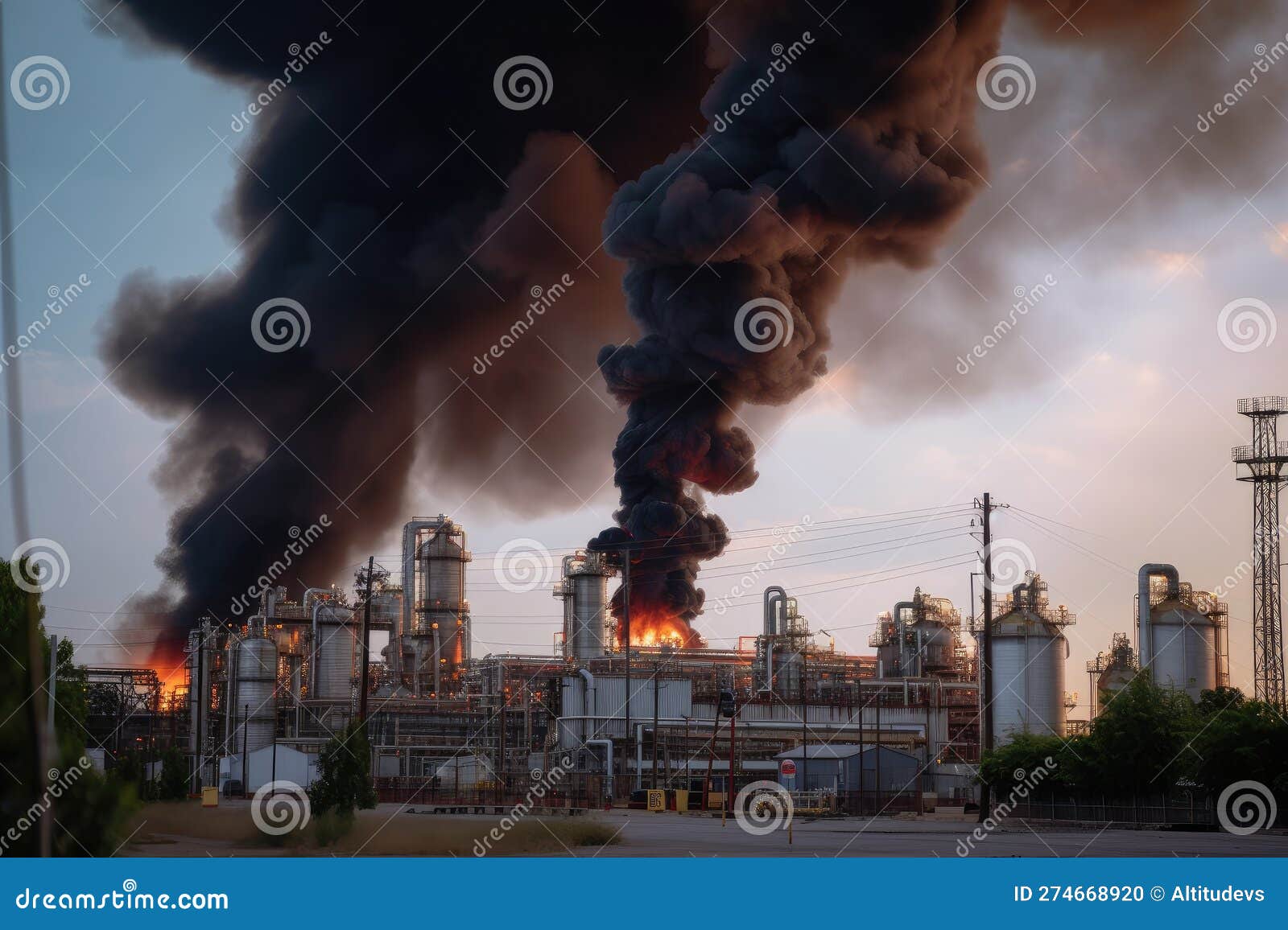 Refinery, with Smoke and Flames Billowing Out of Stacks Stock ...