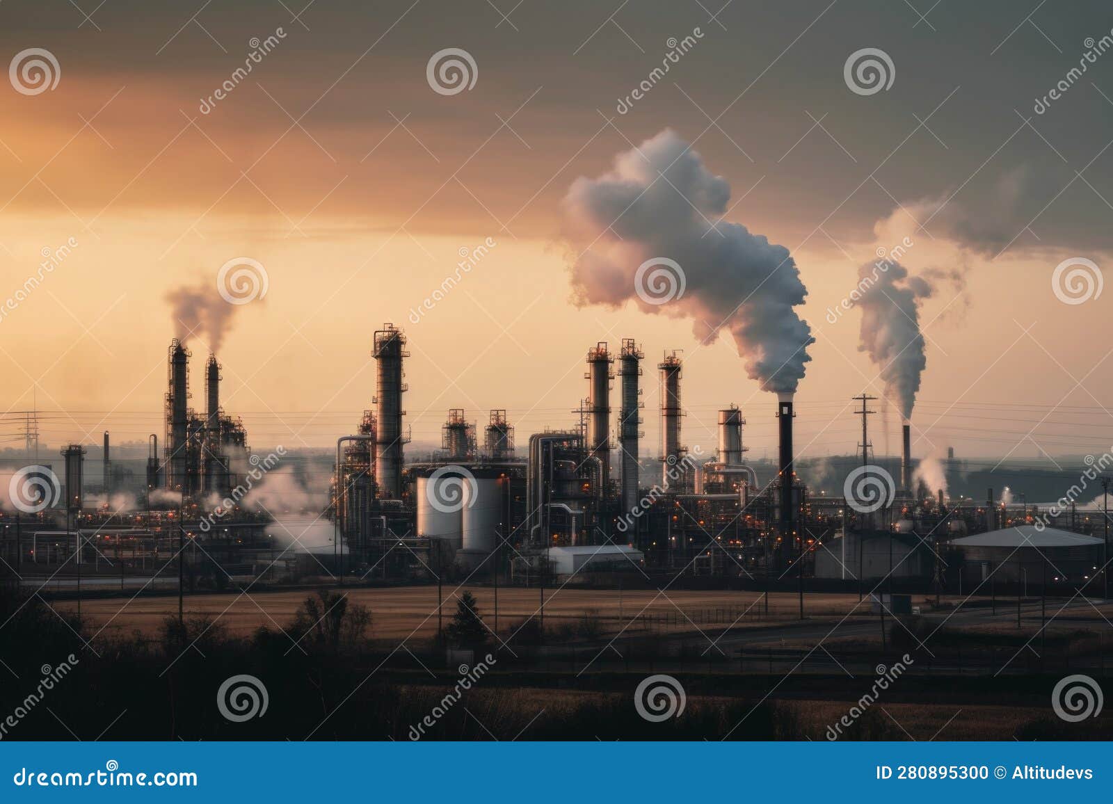 Refinery, with Smoke and Steam Billowing from Its Chimneys Stock Photo ...
