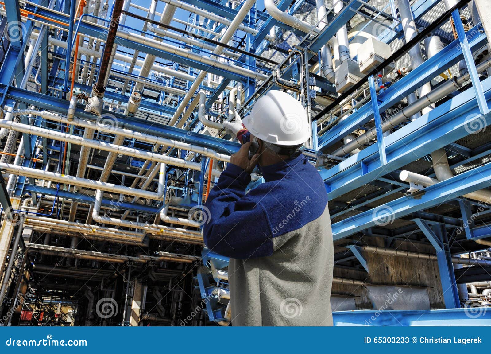 Refinery Worker Inside Giant Pipelines Constructions Stock Image ...