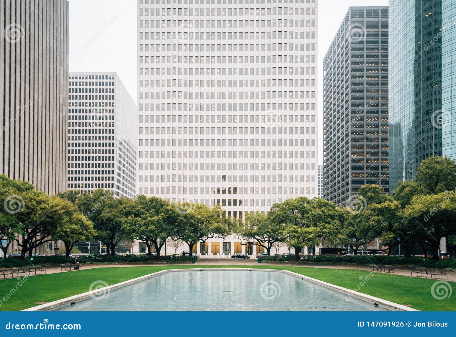 Reflecting Pool at Hermann Square and Modern Buildings in Downtown ...
