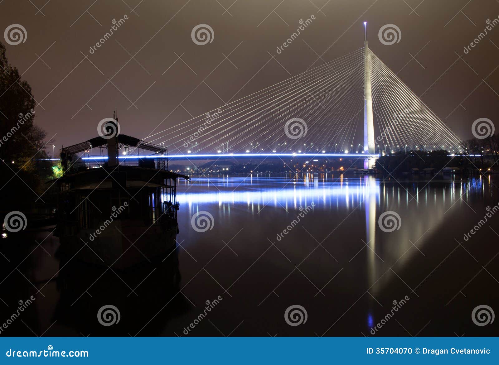 Reflection of Ada Bridge and Ship on Sava River Stock Photo - Image of ...