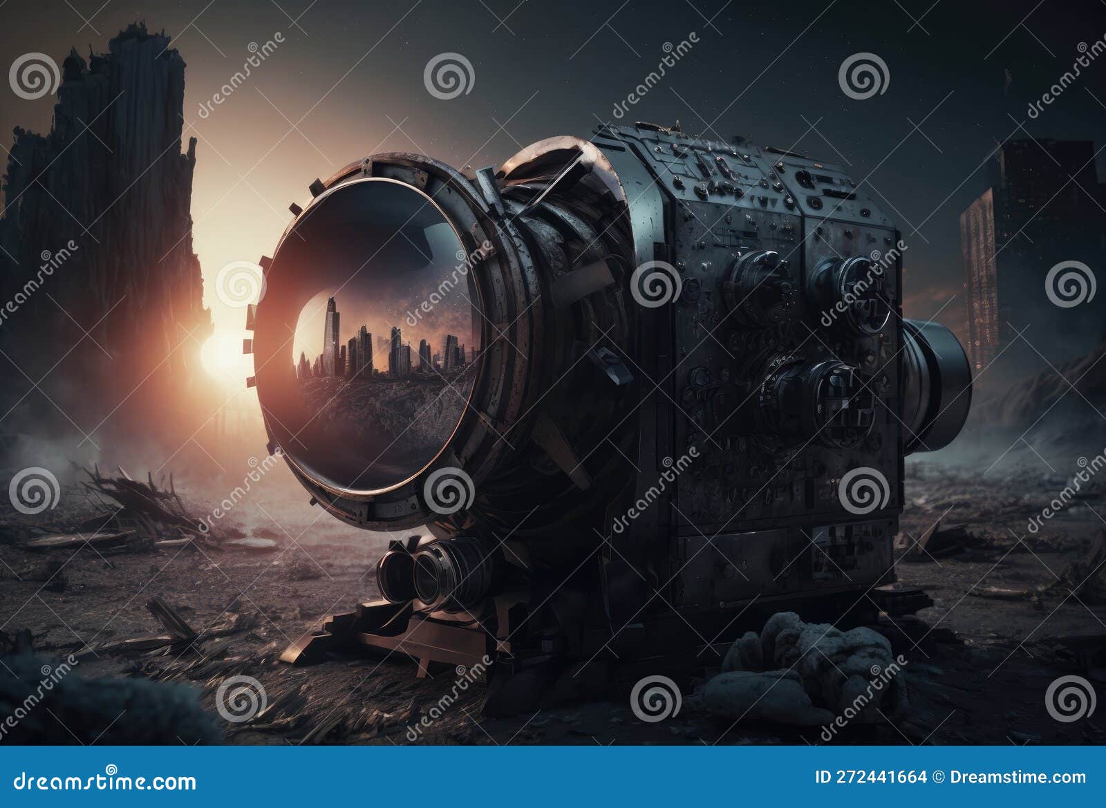 Reflection of an Apocalyptic City on the Lens of a Camera Created with ...