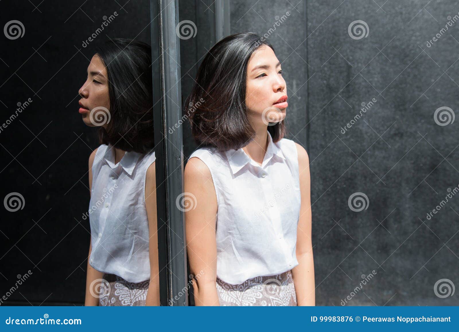 The Reflection of Asian Young Woman on the Mirror Stock Photo - Image ...