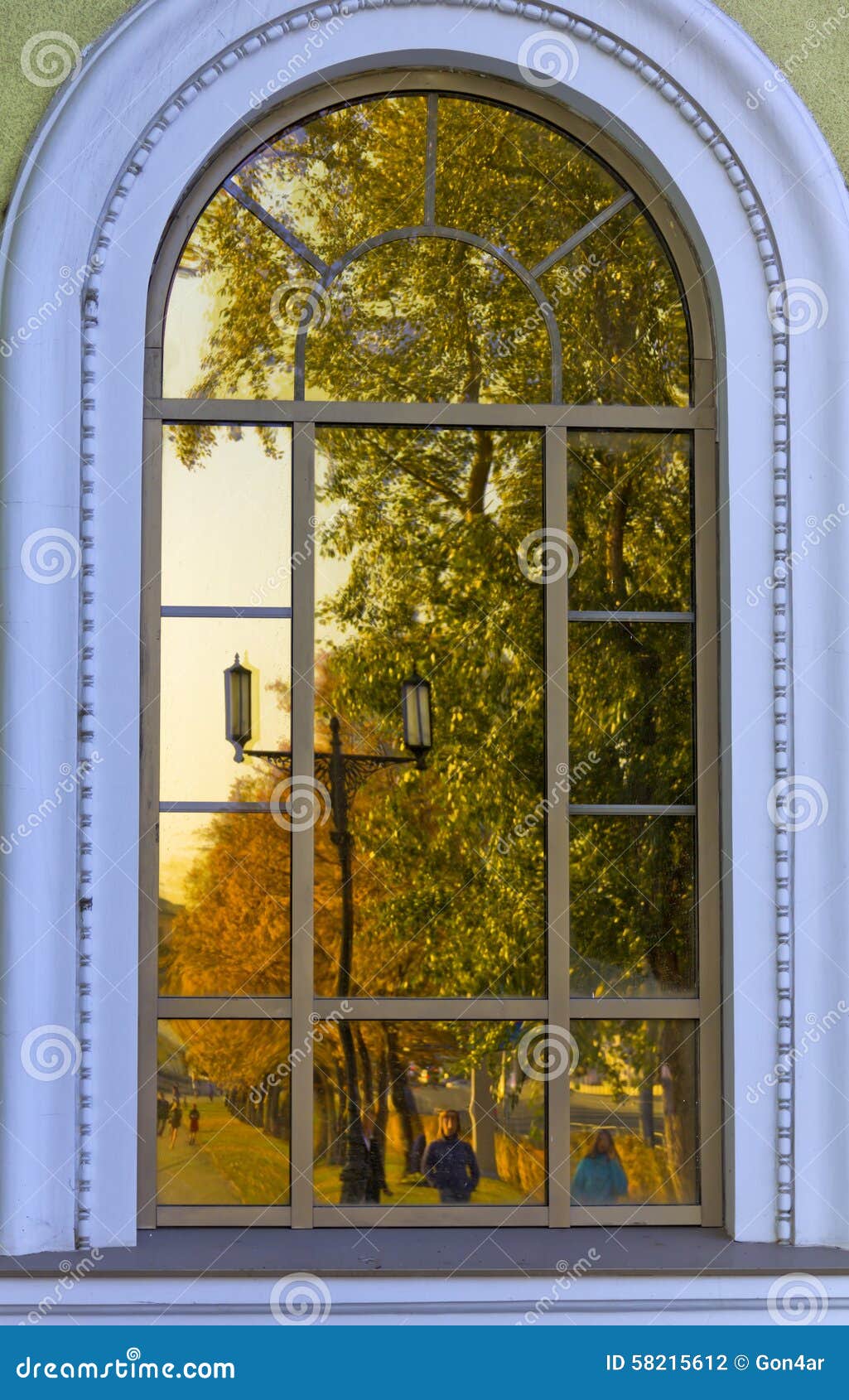 Reflection of the Autumn of the City in Antique Window Stock Photo ...