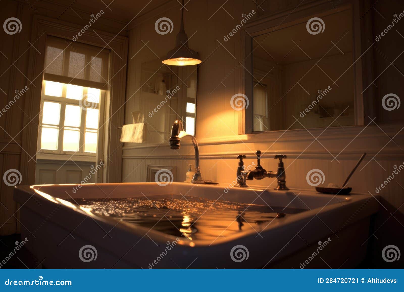 Reflection of Bathroom Light on the Surface of Spilling Water Stock ...