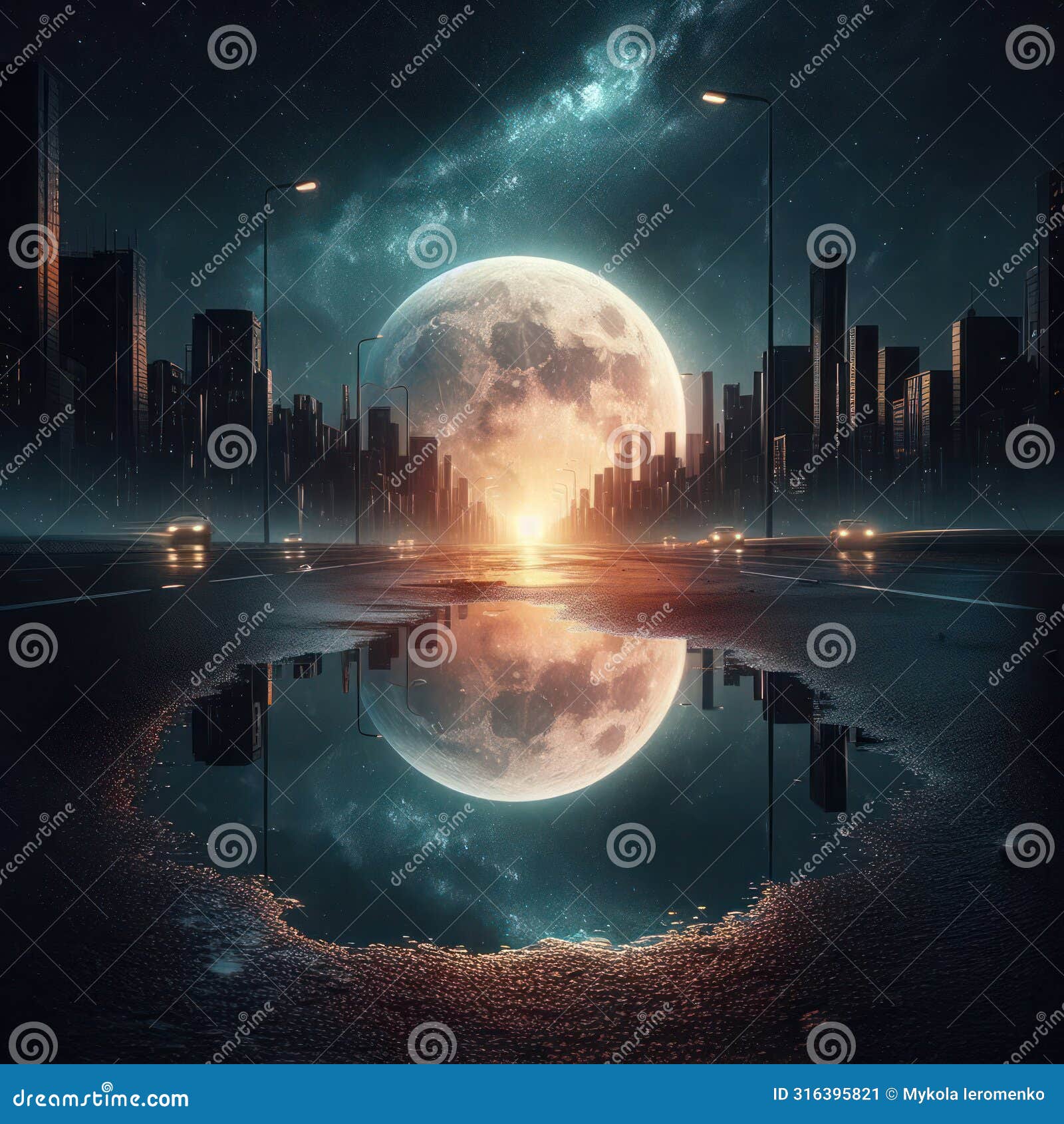 Reflection of a Big, Full Moon in a Puddle of Road. Stock Image - Image ...
