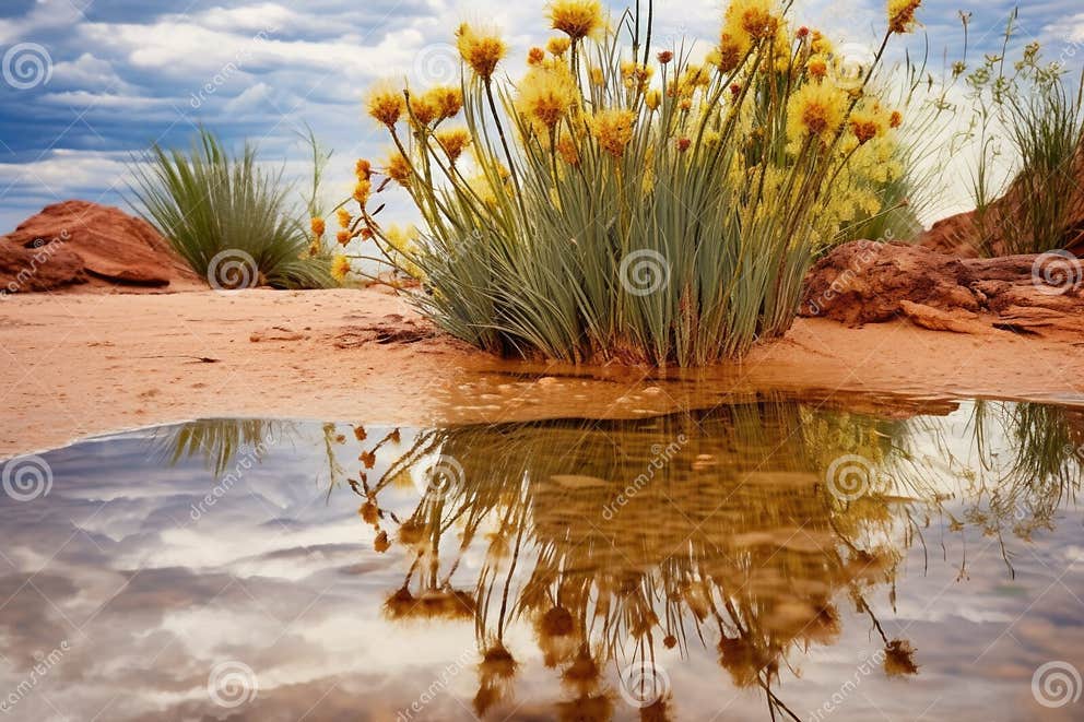 Reflection of Blooming Desert Plants in a Rain Puddle Stock ...
