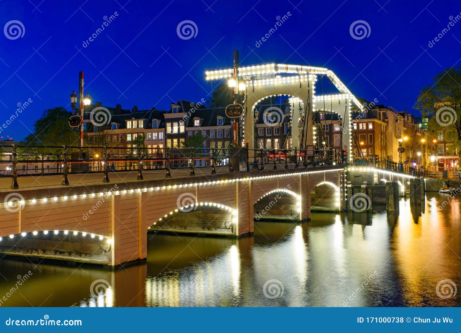 Reflection of Bridge at Night in Amsterdam, Netherlands Stock Photo ...