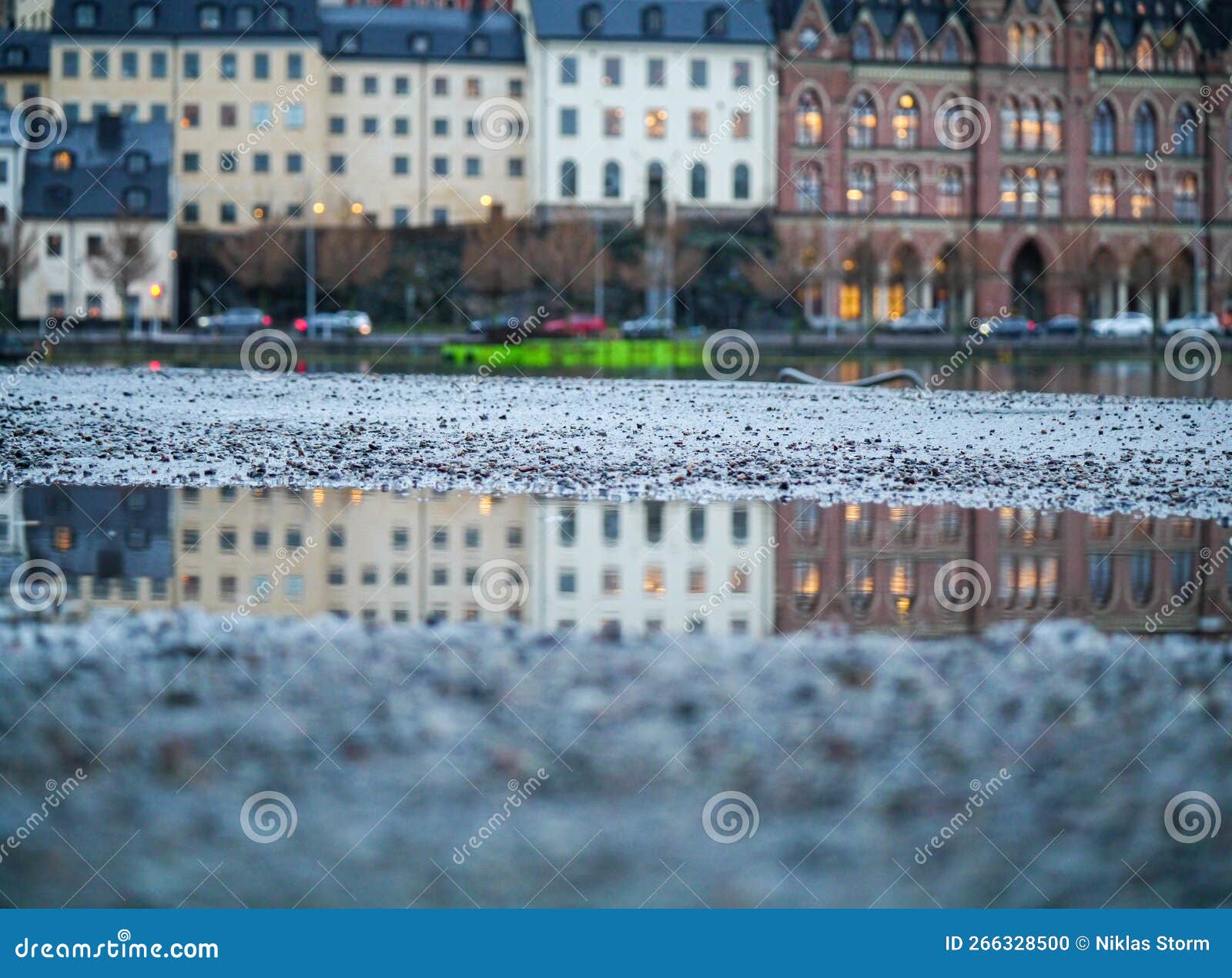 Reflection of Buildings in a Puddle Next To River Stock Photo - Image ...