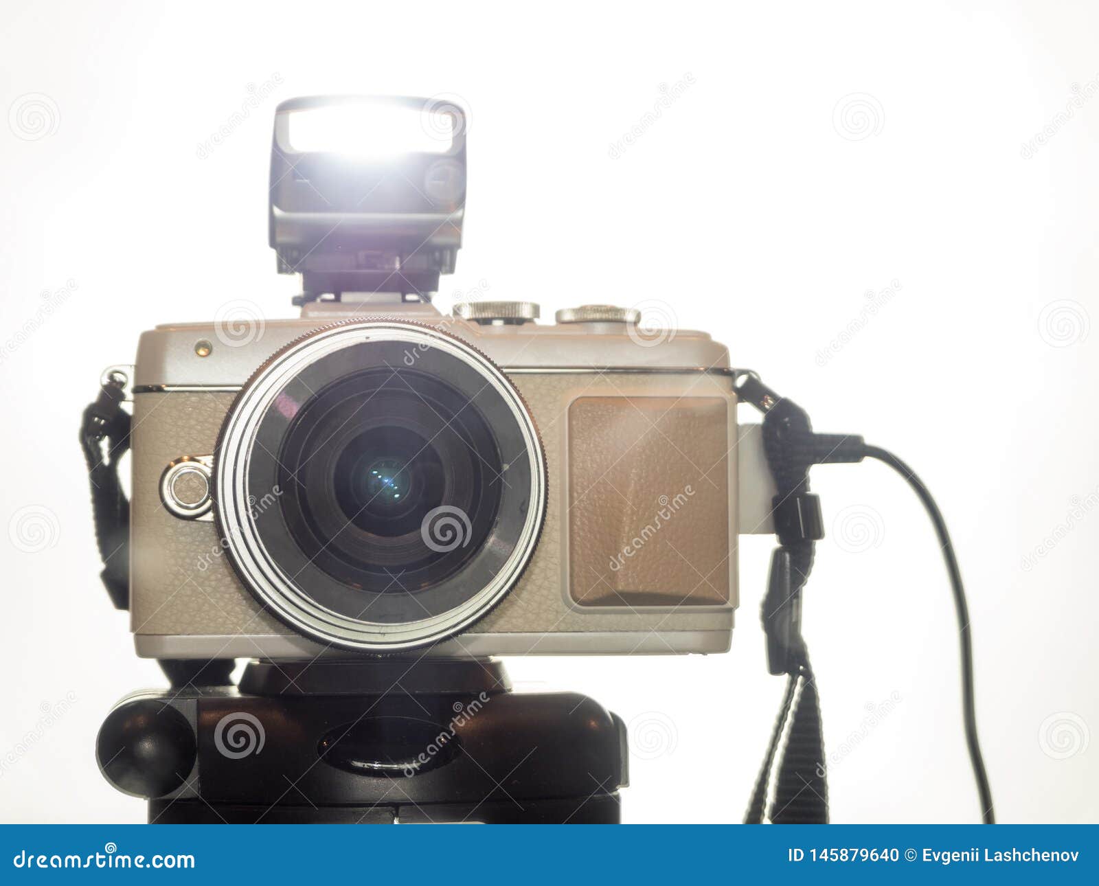 Reflection of the Camera in the Mirror with Flash on a White Background ...