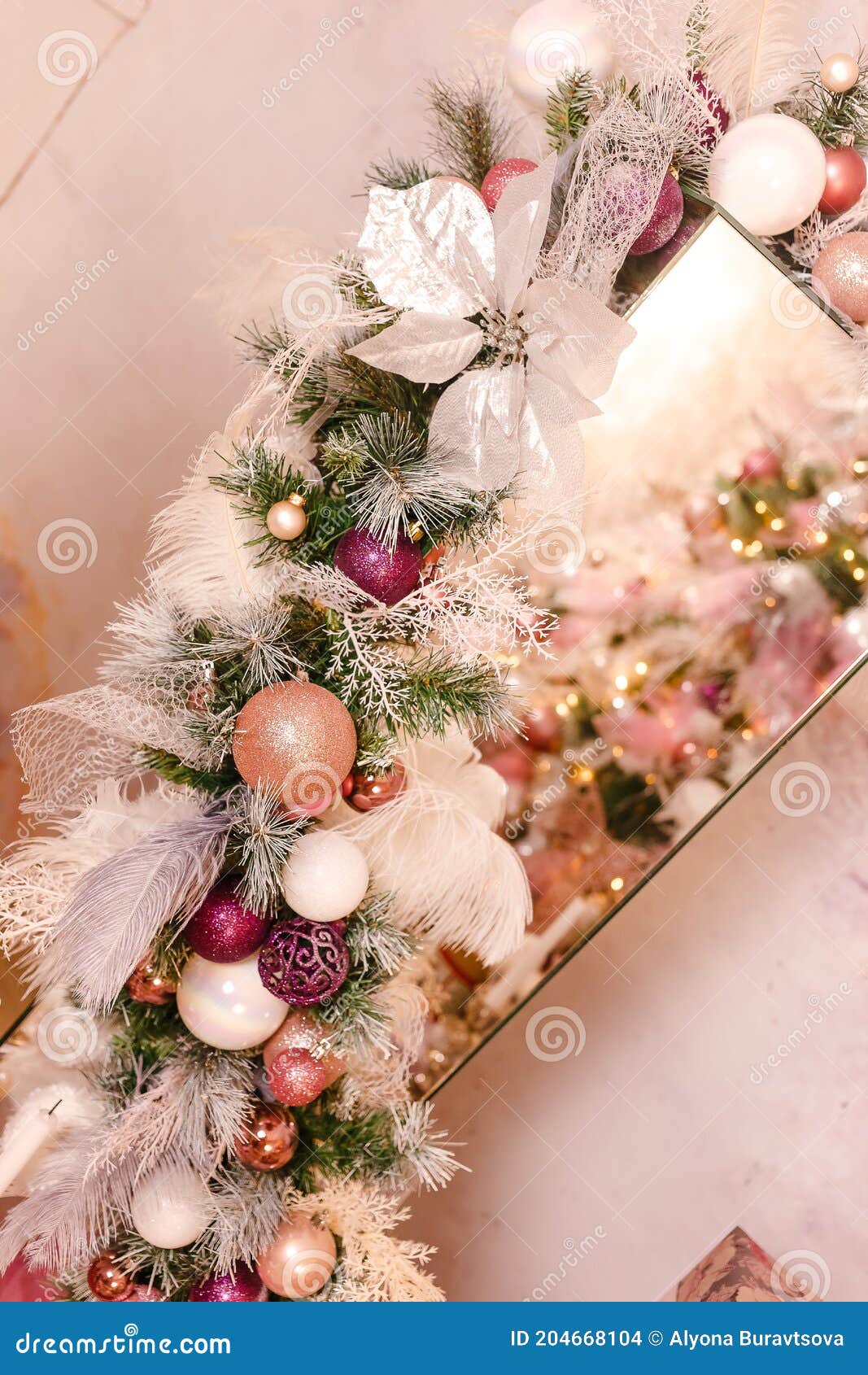 Reflection of the Christmas Tree in the Mirror. Christmas Decor with ...