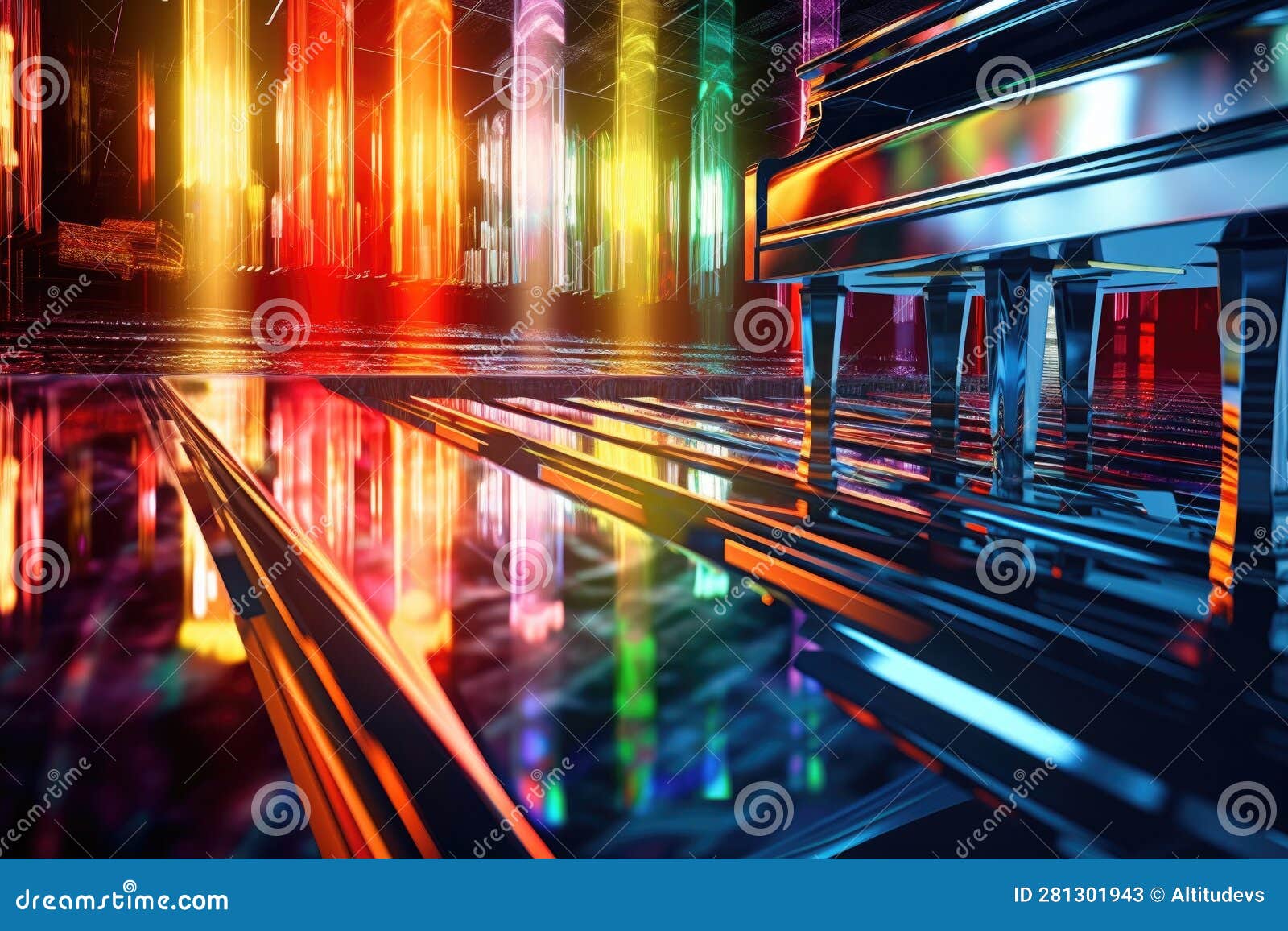 Reflection of Colorful Stage Lights on Glossy Piano Keys Stock ...